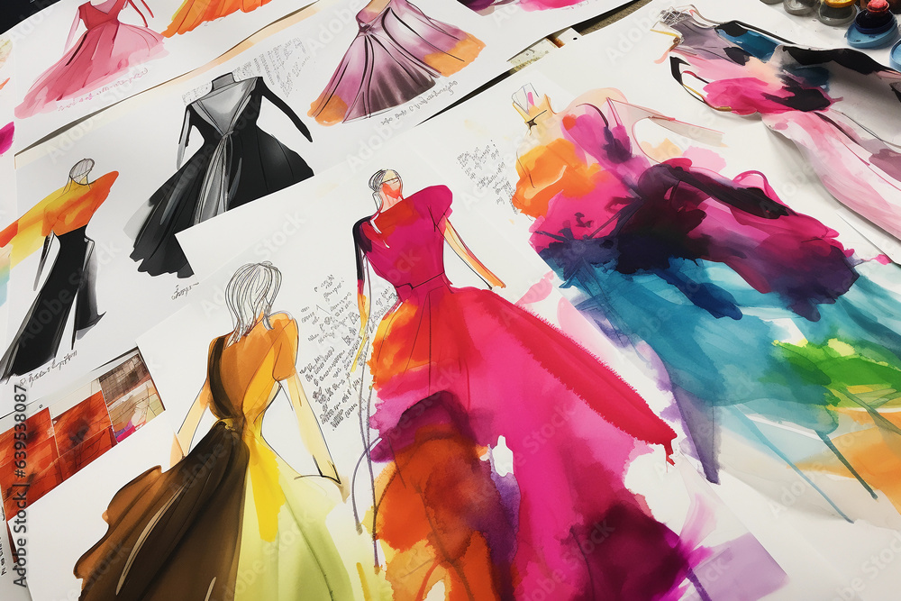 A graphic representation of fashion design sketches in progress: bold ...