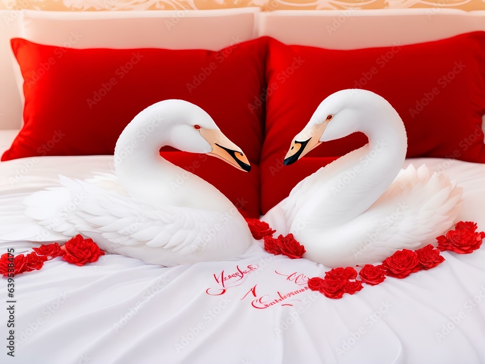 Two swans made from towels are kissing on honeymoon white bed ...