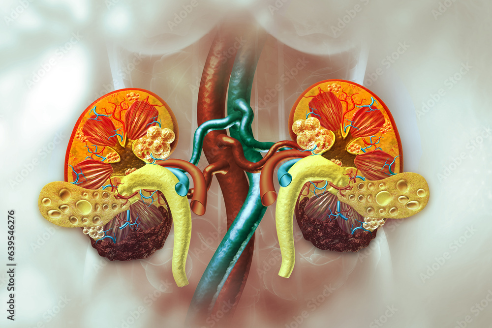 Human urinary system kidneys cross section anatomy. Kidney cancer. 3d ...