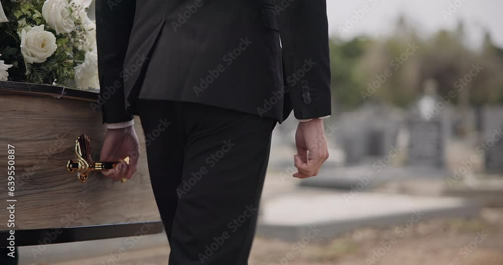 Coffin, hands and man walking at funeral ceremony outdoor with ...