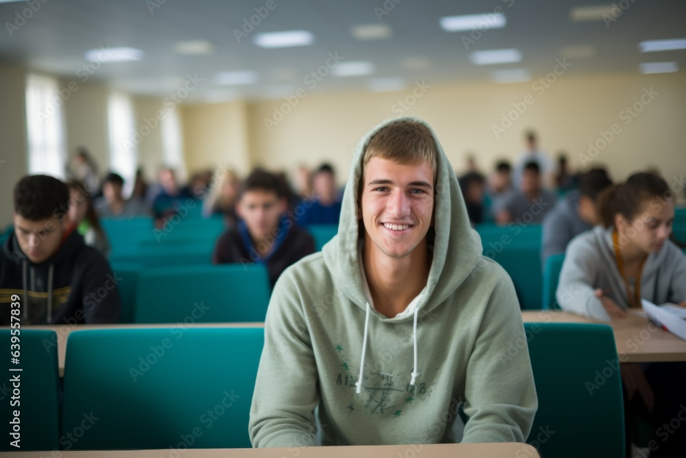 Happy male student young man guy at table sit in class university high ...