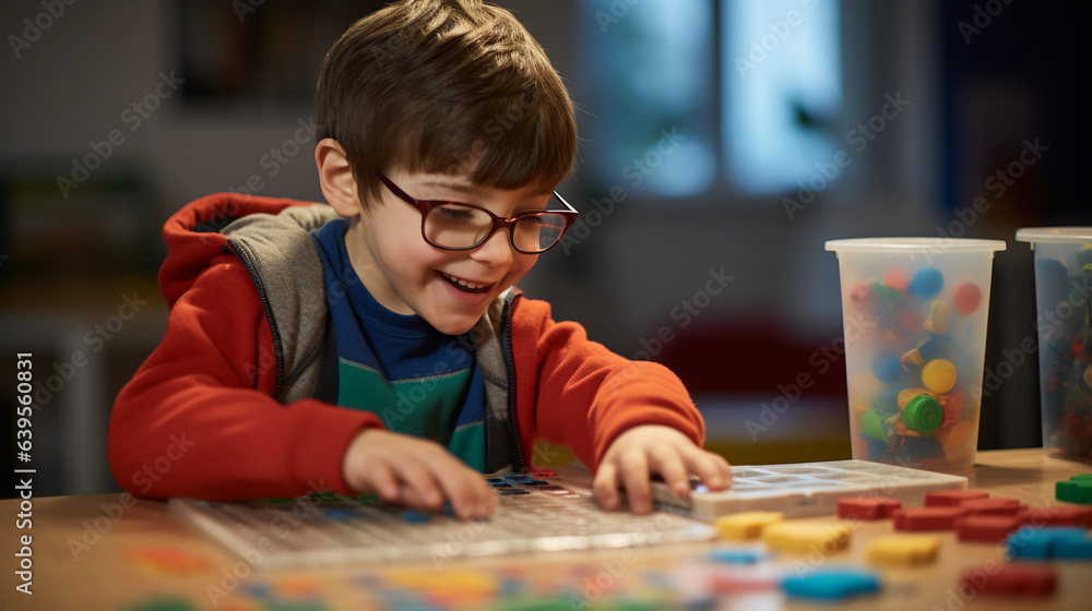 an autistic child engaging in a sensory play, focus on textures and ...