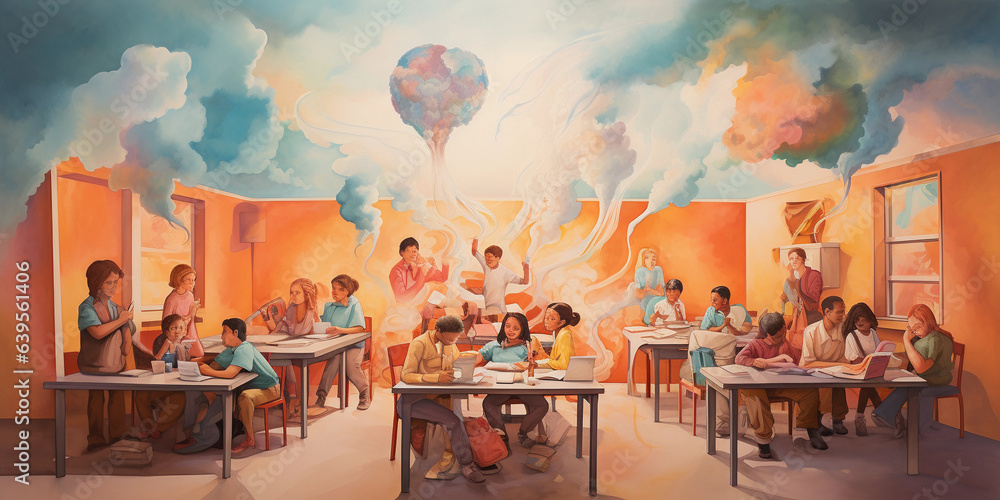 watercolor painting of a classroom setting, with multi - abled children ...