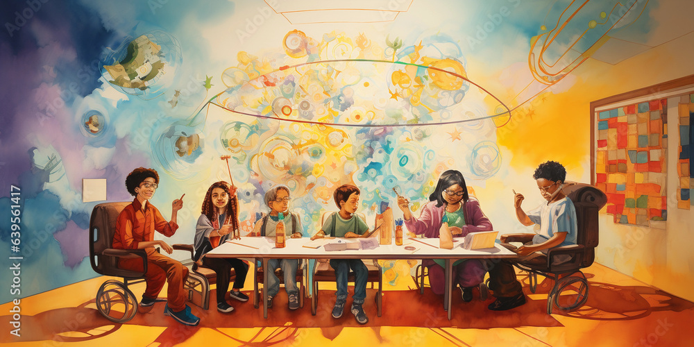 watercolor painting of a classroom setting, with multi - abled children ...