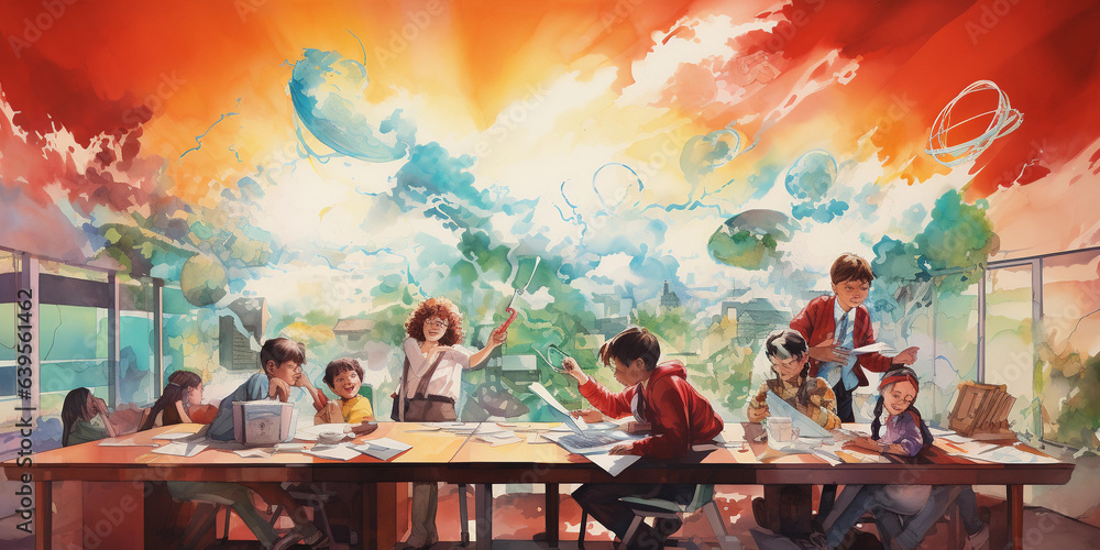 watercolor painting of a classroom setting, with multi - abled children ...