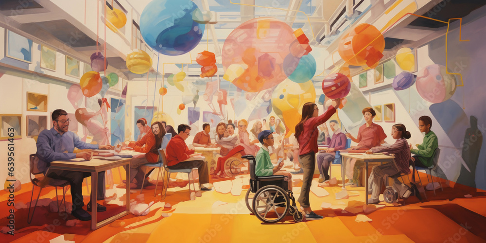watercolor painting of a classroom setting, with multi - abled children ...
