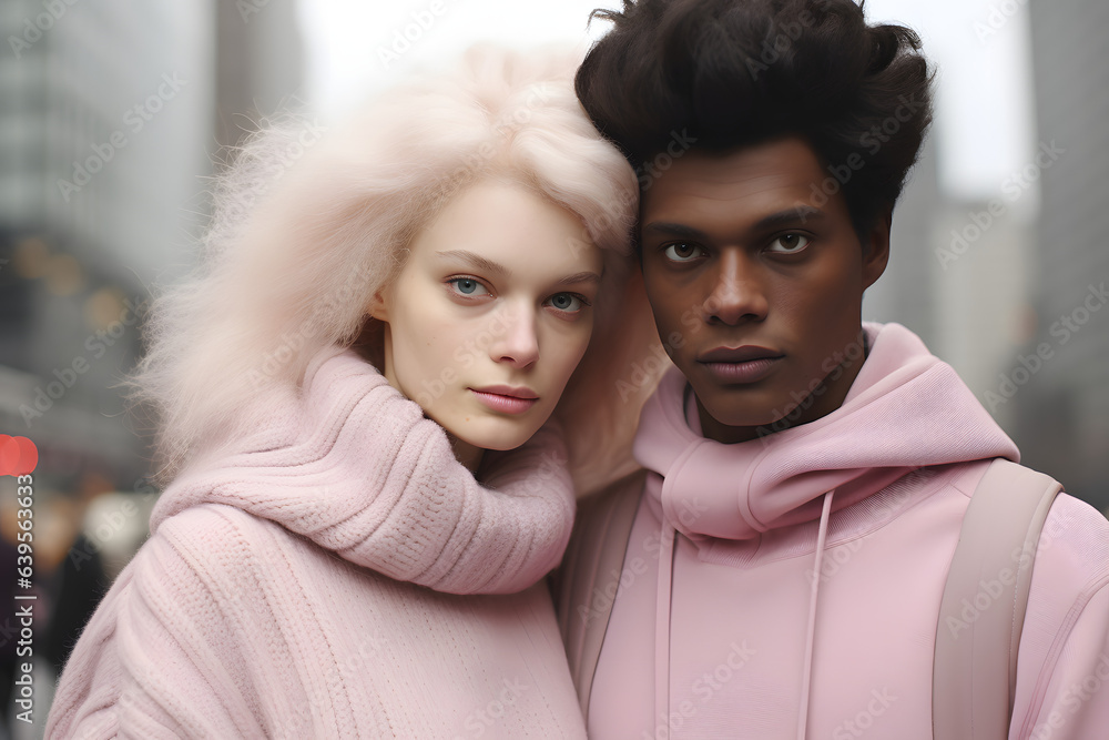 A close-up portrait captures a biracial couple, a black man and a white ...