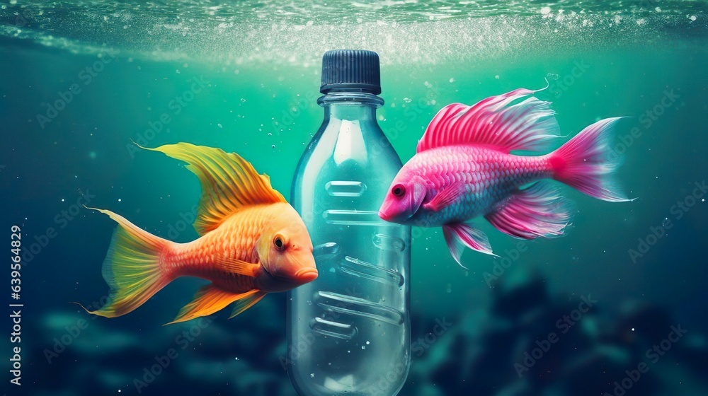 Underwater view with two beautiful sad fishes and garbage plastic ...