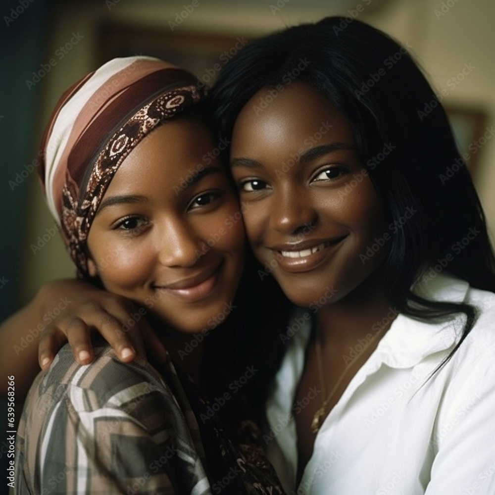 Two friends, distinct in their racial backgrounds, lean in close with ...