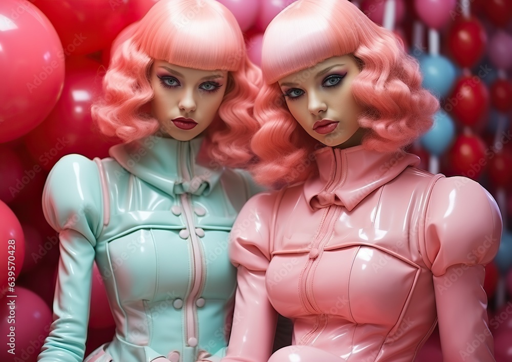 two young girls in pastel clothing and pink hair posing together. Not ...