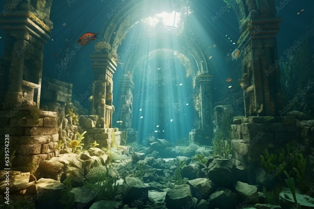 3D rendering of ancient city ruins submerged under the sea, revealing ...