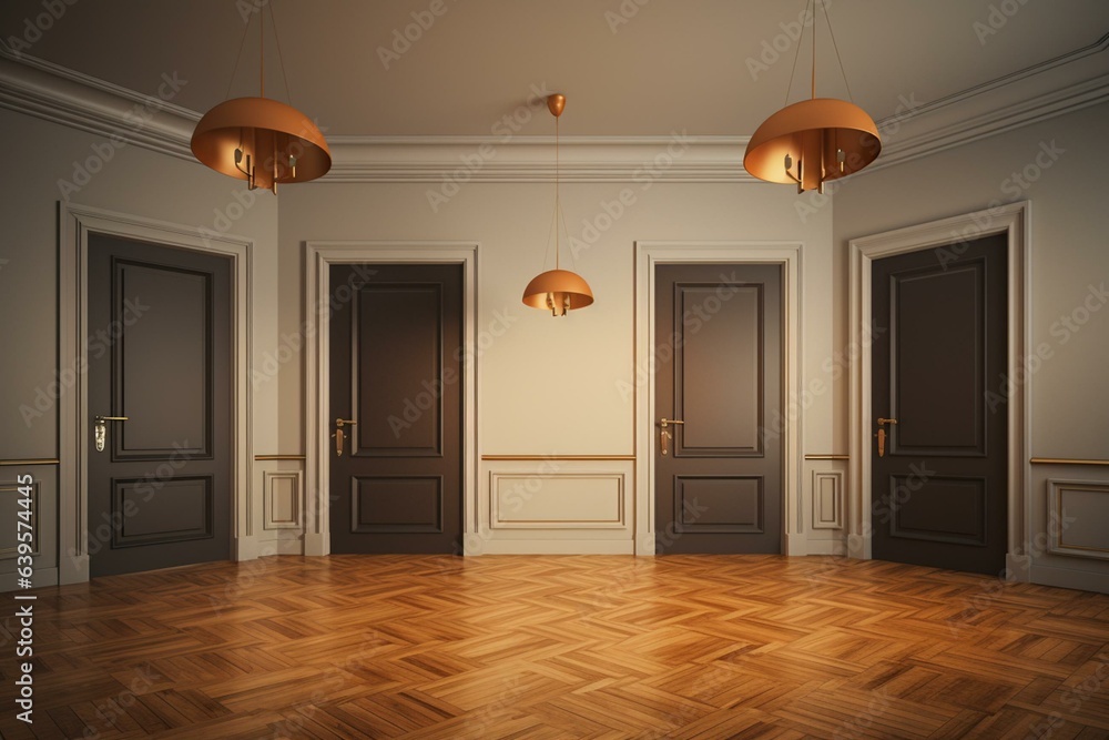 Interior with three doors displaying question marks, symbolizing ...