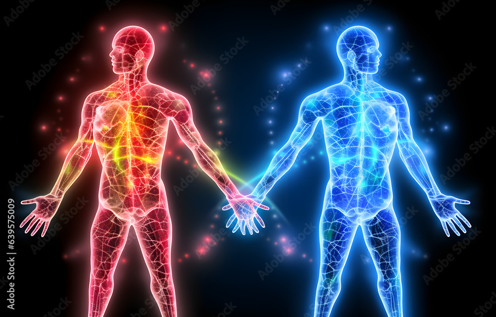 Two male bodies of energy side by side, yin-yang opposite energies, red ...