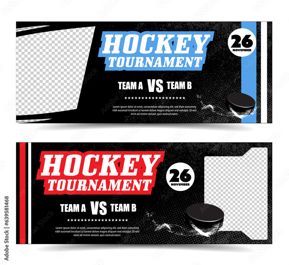 Hockey Tournament banner ticket vector design template layout set with ...