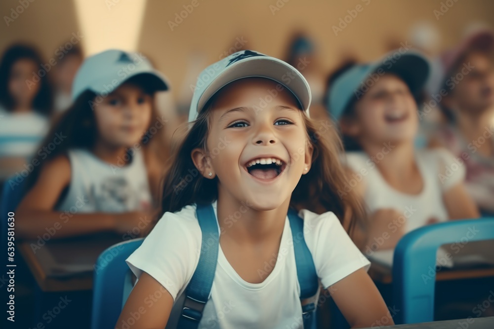 Happy cute girl interested schoolchildren smiling interacting ...
