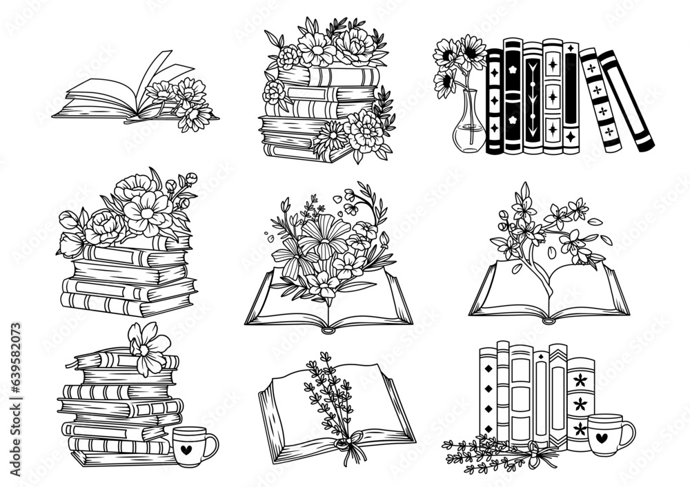 Set of hand drawn outline books designs. Vector floral books, stack of ...