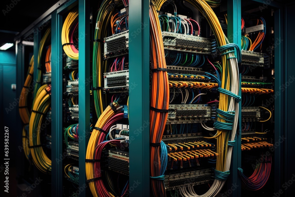 Server room with switch, internet cables and wires. Fiber optic ...