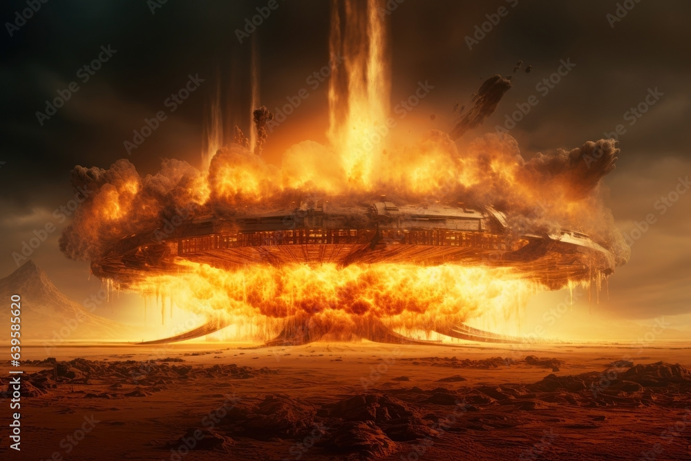 exploding alien space craft on a desert landscape. fire, flames, smoke ...