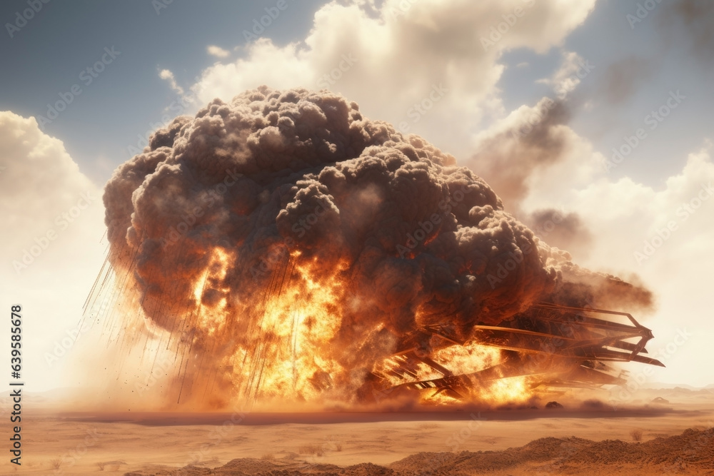 exploding alien spacecraft on a desert landscape. fire, flames, smoke ...