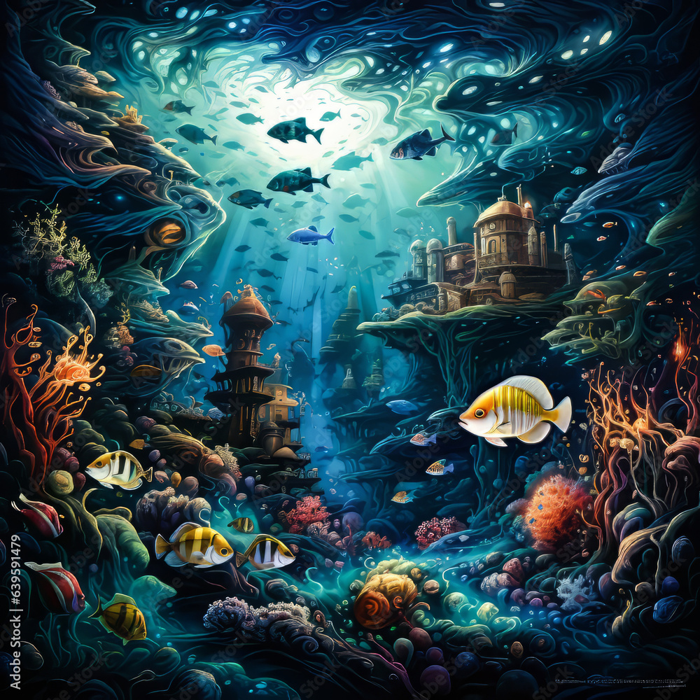 Undersea Fantasy. Generative AI. A digital rendering of a undersea ...
