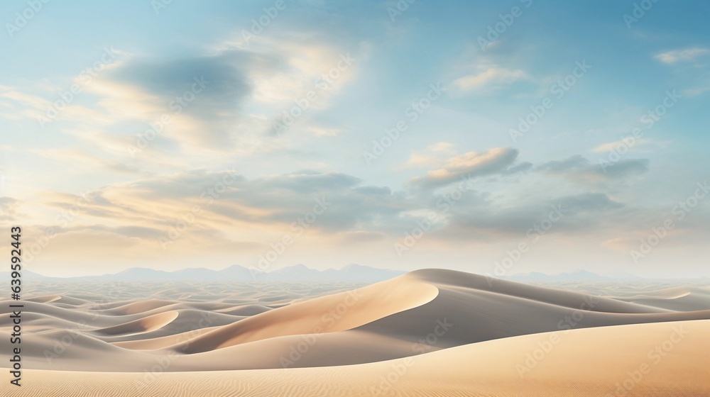 A sweeping desert landscape with sand dunes and an expansive sky ...