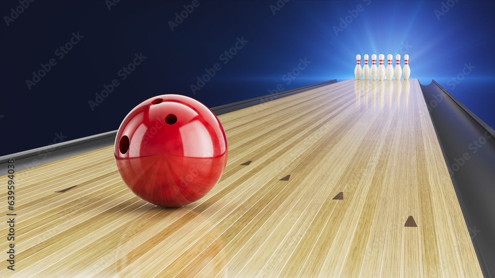 Red Bowling Ball and Bowling pins on bowling alley line. Bowling ...