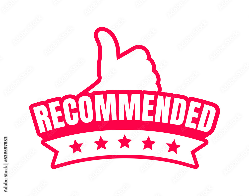 Recommended text with thumb up icon for badge, icon, stamp, label, logo ...