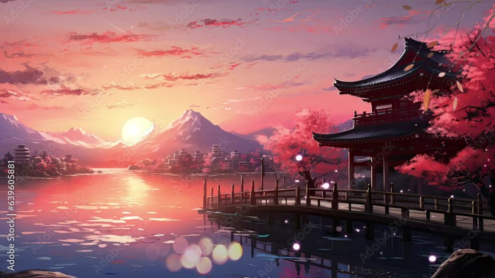 Beautiful Sunset Beach with Japanese Home View and Cherry Blossom ...