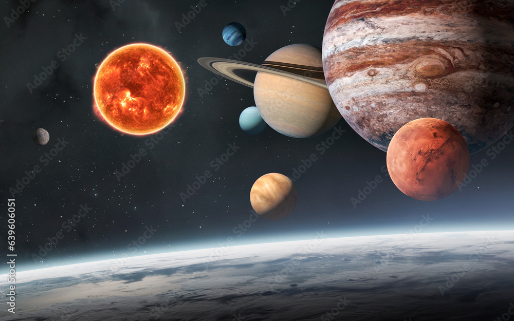 3D illustration of Solar system planets and objects. Sun, Mercury ...