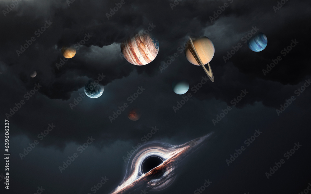 3D illustration of Solar system planets and black hole. Sun, Mercury ...