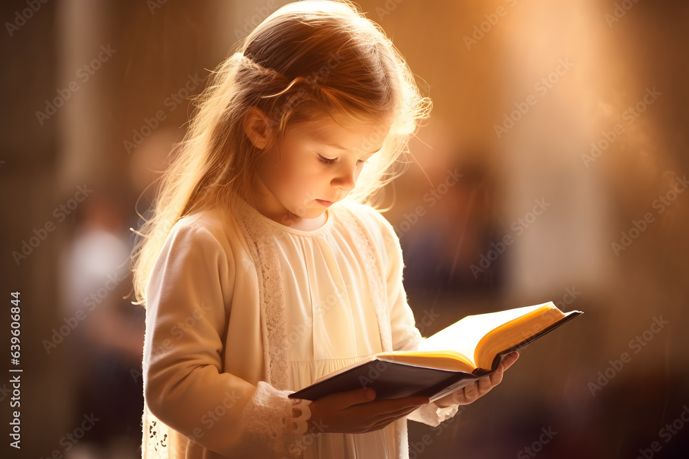 Little girl reading holy bible book. Worship at home. Stock Photo ...