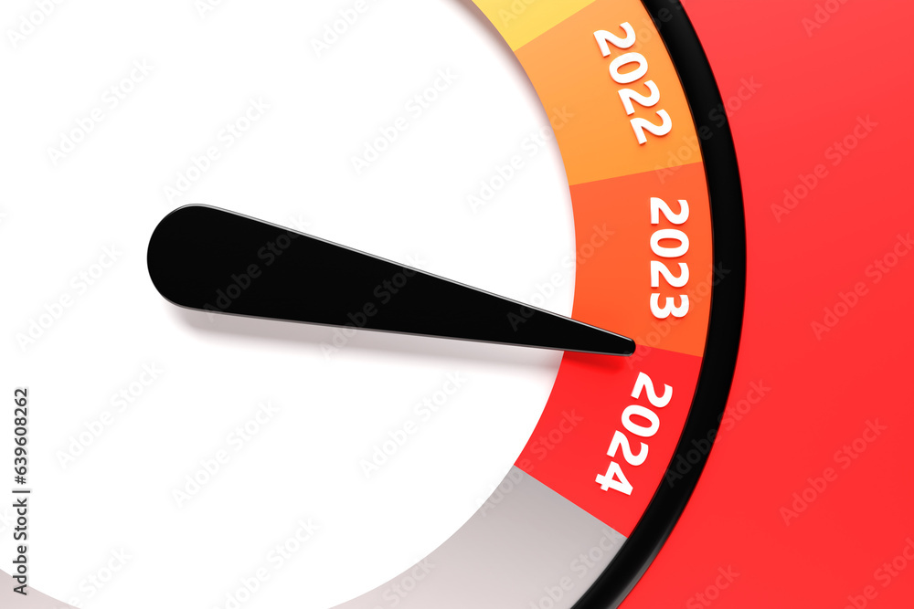 3D illustration of a detailed speedometer close-up showing the end of ...