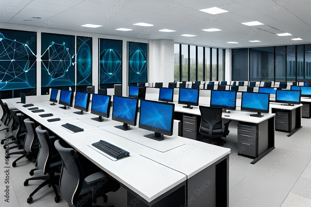 State of the art computer lab representing a network illustration on ...