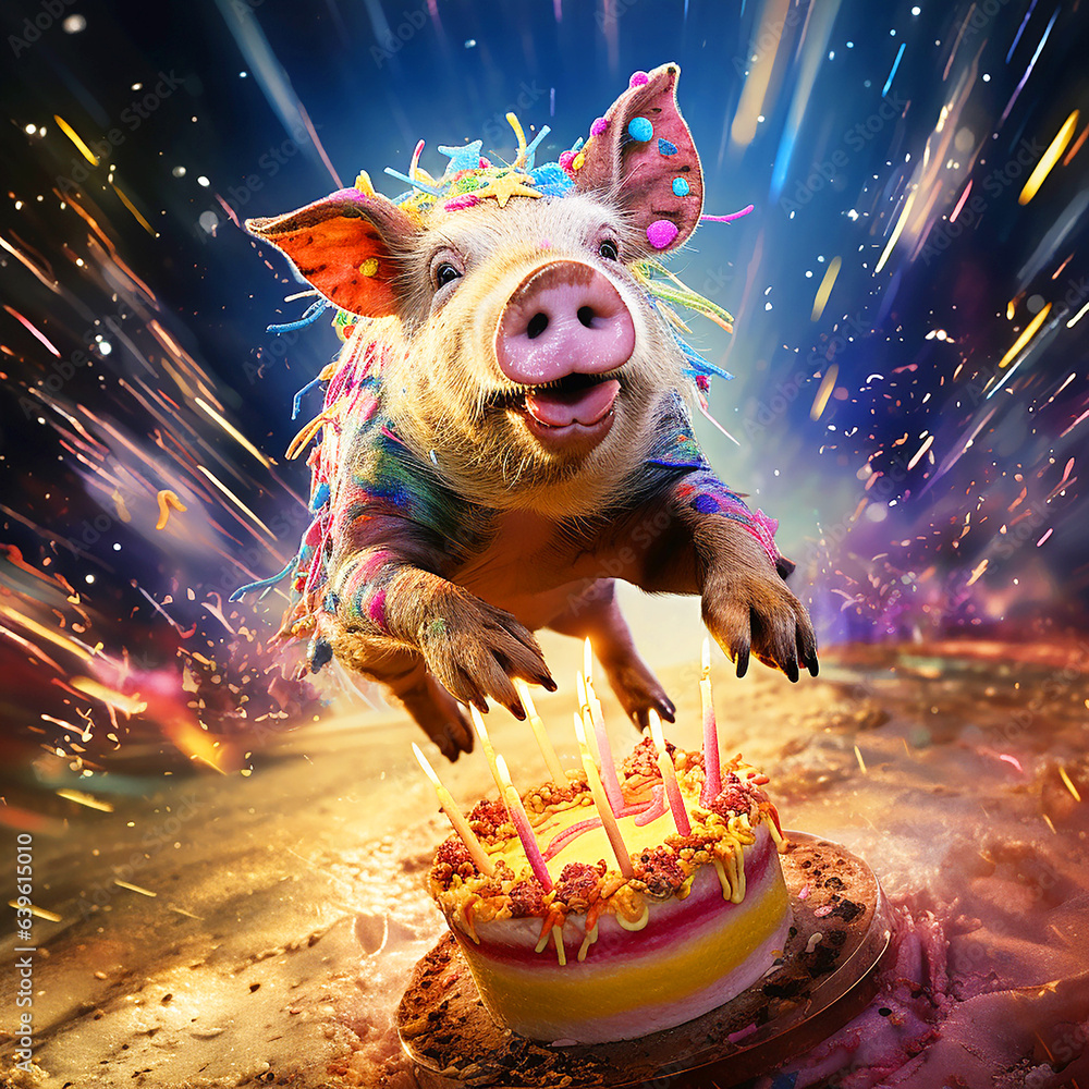 Little pig funky pig jumping into a birthday cake with lit candles ...