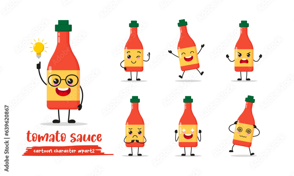 cute tomato sauce cartoon with many expressions. tomato sauce bottle ...