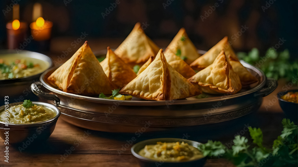 Fried Vegetarian samsa or samosas Indian special traditional street ...