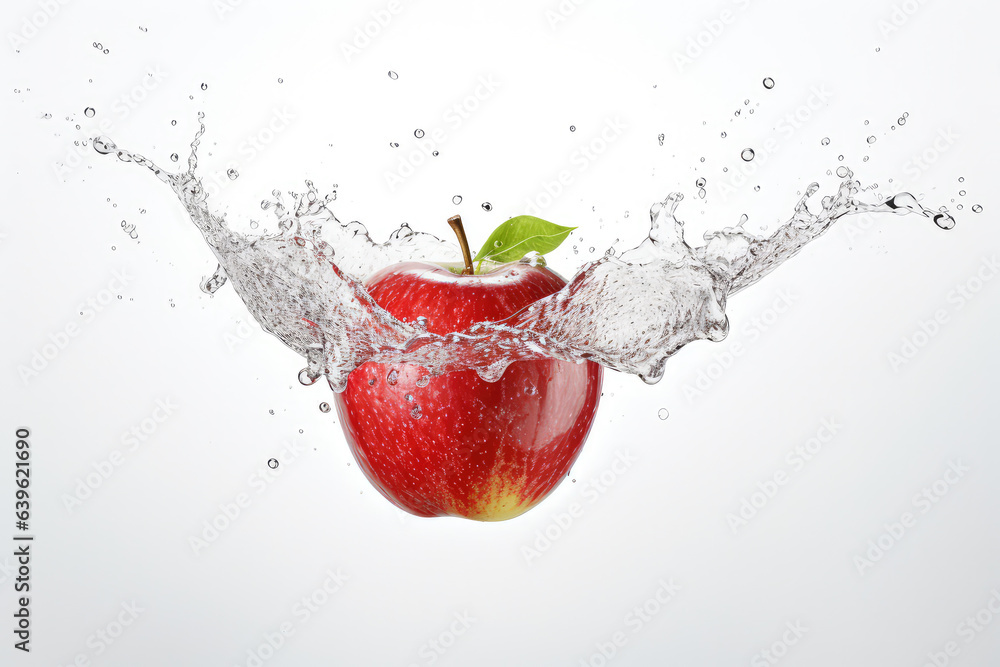 Apples of different colors in juice splash. Red pple fruits drink ...