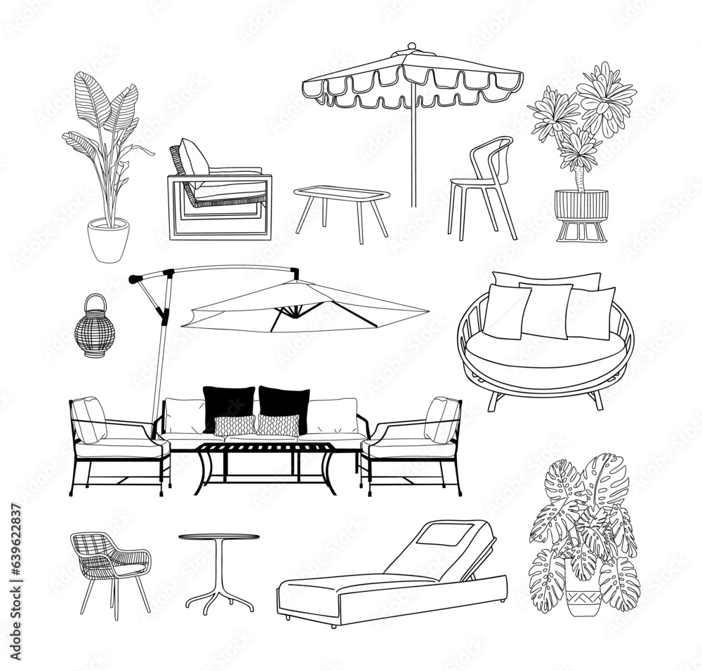 Patio furniture Set. Outdoor, porch zone, garden yard interior elements ...
