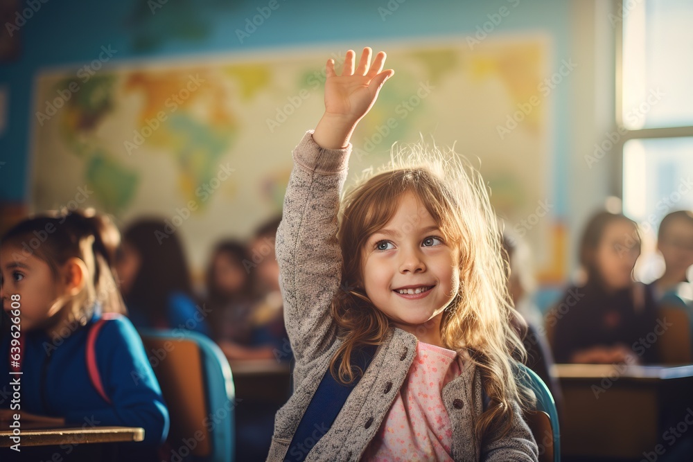 Foto de Kinder in der Schule. Mädchen meldet sich in der Schule ...