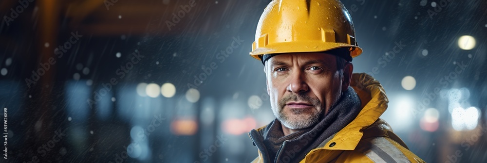 Breiter Banner zeigt Arbeiter mit gelben Helm und Regenjacke auf der ...