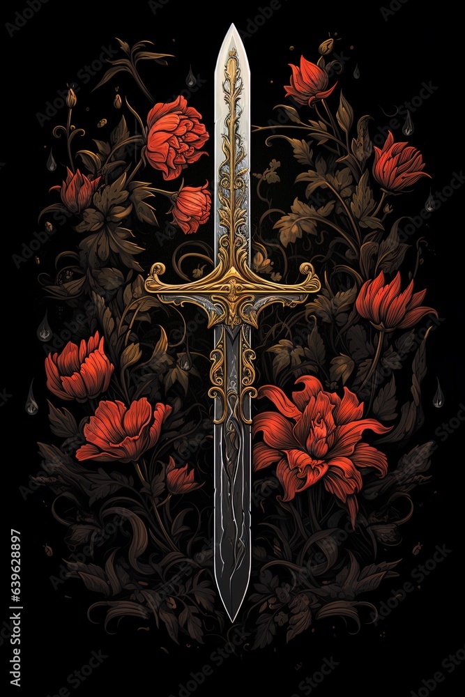High fantasy illustration of a sword with vines and flowers. Great for ...