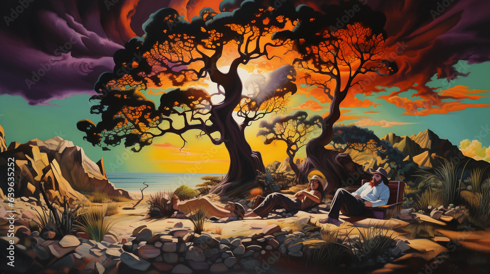 A surrealist interpretation of a slow - paced, afternoon siesta under a ...