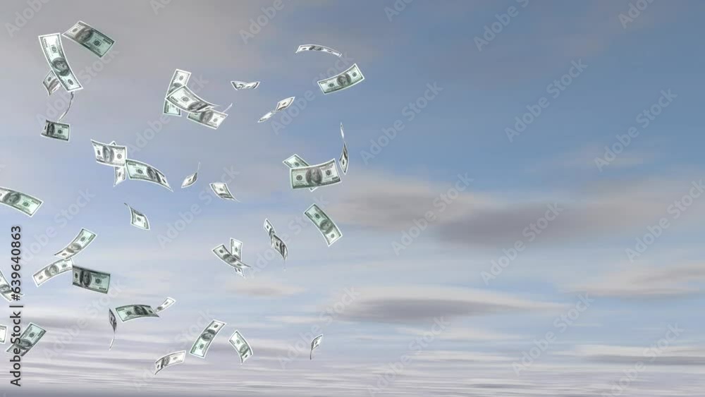 100 Dollar Bills on a sky background. Rain Effects. 3D Animation Money ...