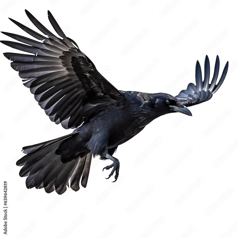 Grand corbeau en vol (Corvus corax) avec transparence, sans background ...