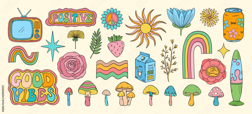 Groovy vector set. Hippie elements. 70s groovy hippie clipart. Retro ...