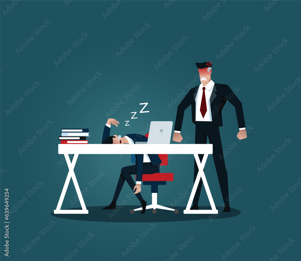 Male employee tired asleep on a workplace angry boss standing looking ...