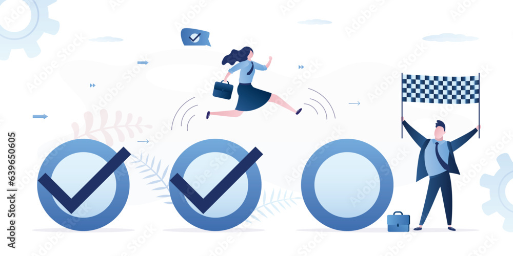Female employee jumping on checkmarks to finish tasks or target ...