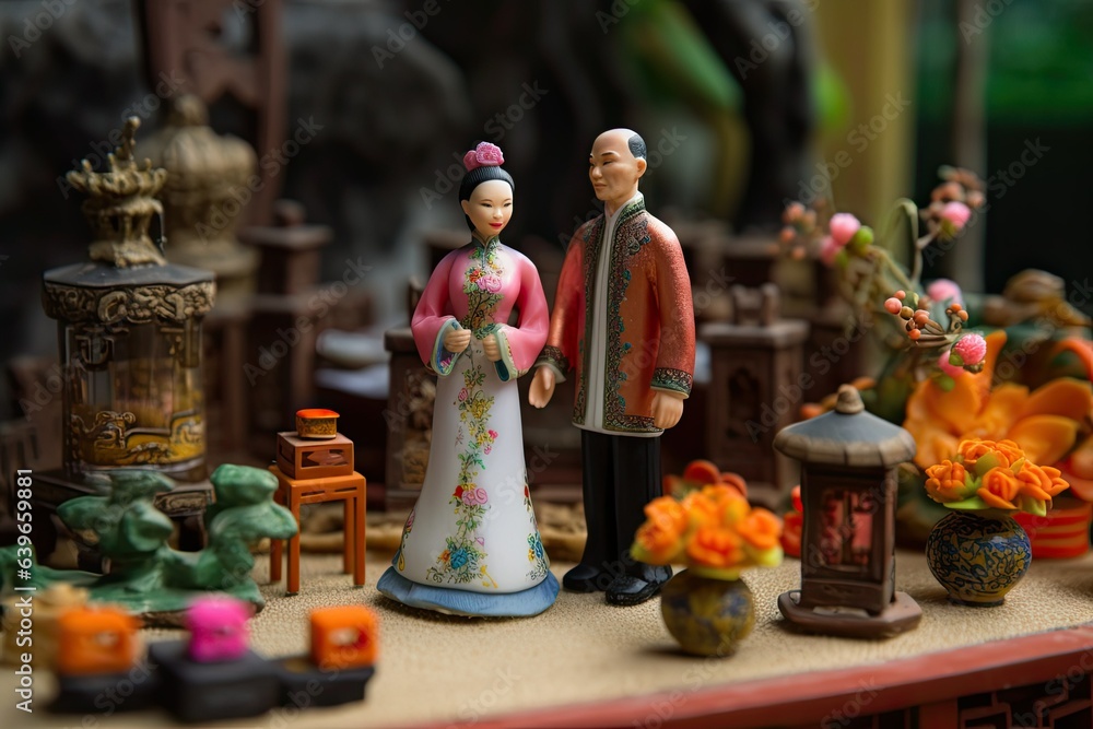 Chinese wedding in miniature style. Husband and wife in traditional ...