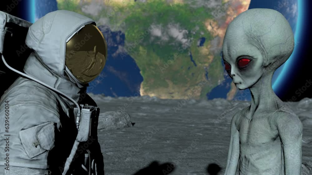 An astronaut and a gray alien stand looking at each other on the moon. First contact.. Planet ...
