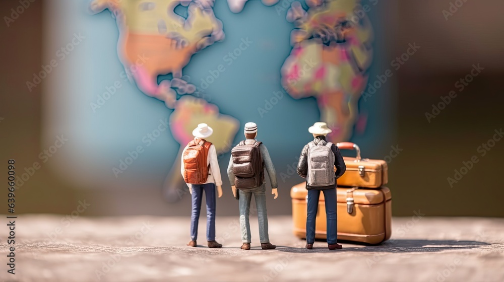 Miniature tourist stands at geographical map. Vacation of traveler and ...